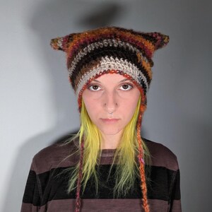 Striped Brown Cat Hat Crochet Scrap Yarn Mohair Pink, Orange & Cream ...
