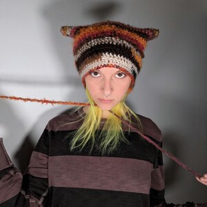 Striped Brown Cat Hat Crochet Scrap Yarn Mohair Pink, Orange & Cream ...