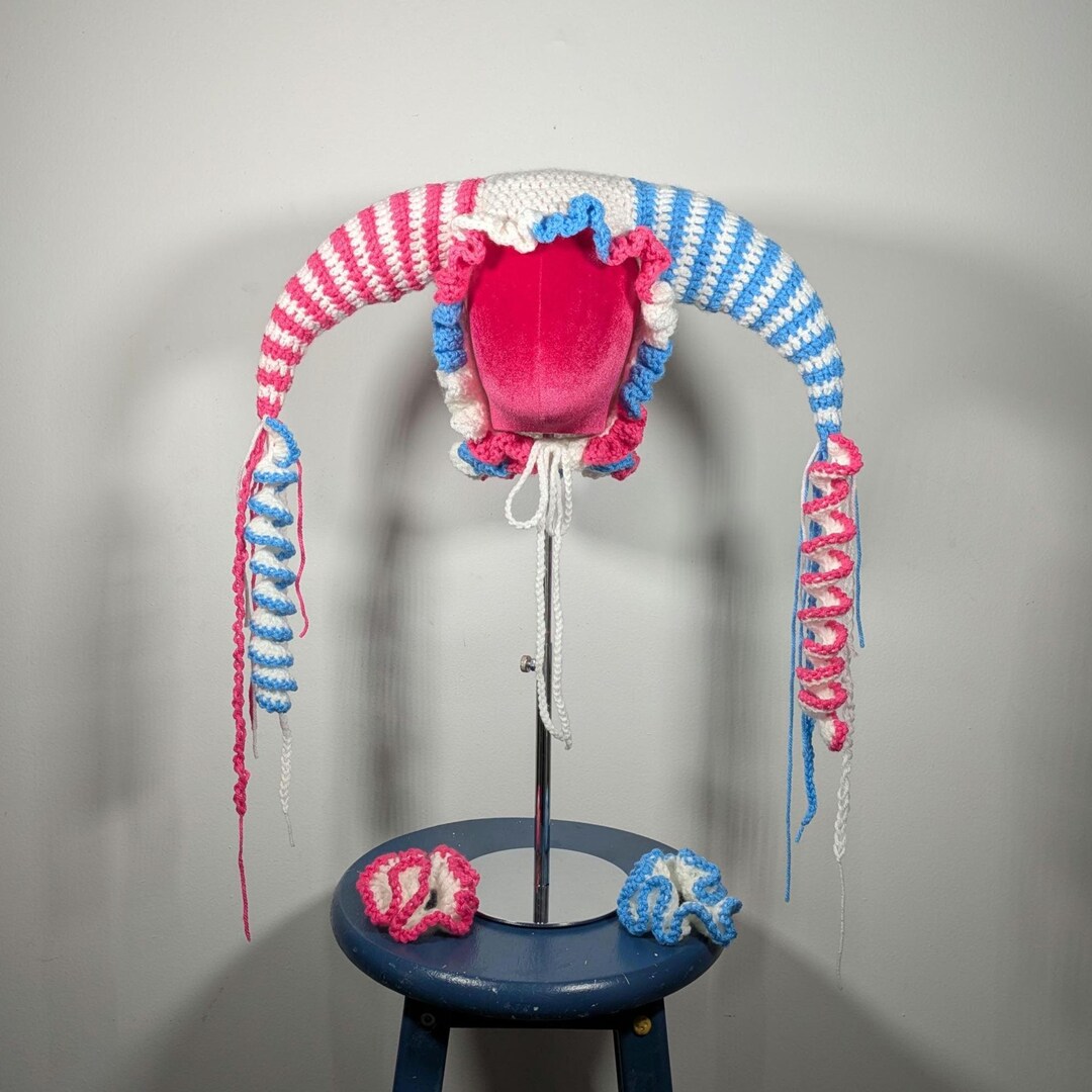 Trans Jester Hat + Cuffs - Blue, Pink & White Crochet Clown Hat With ...