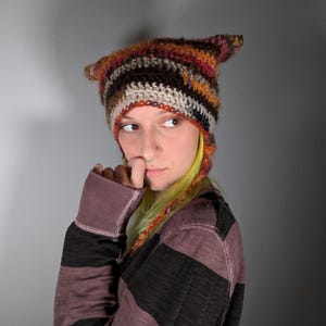 Striped Brown Cat Hat Crochet Scrap Yarn Mohair Pink, Orange & Cream ...