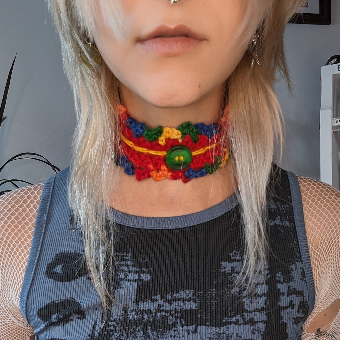 Red & Rainbow Clown Choker With Button Crochet Clown Collar Jester ...