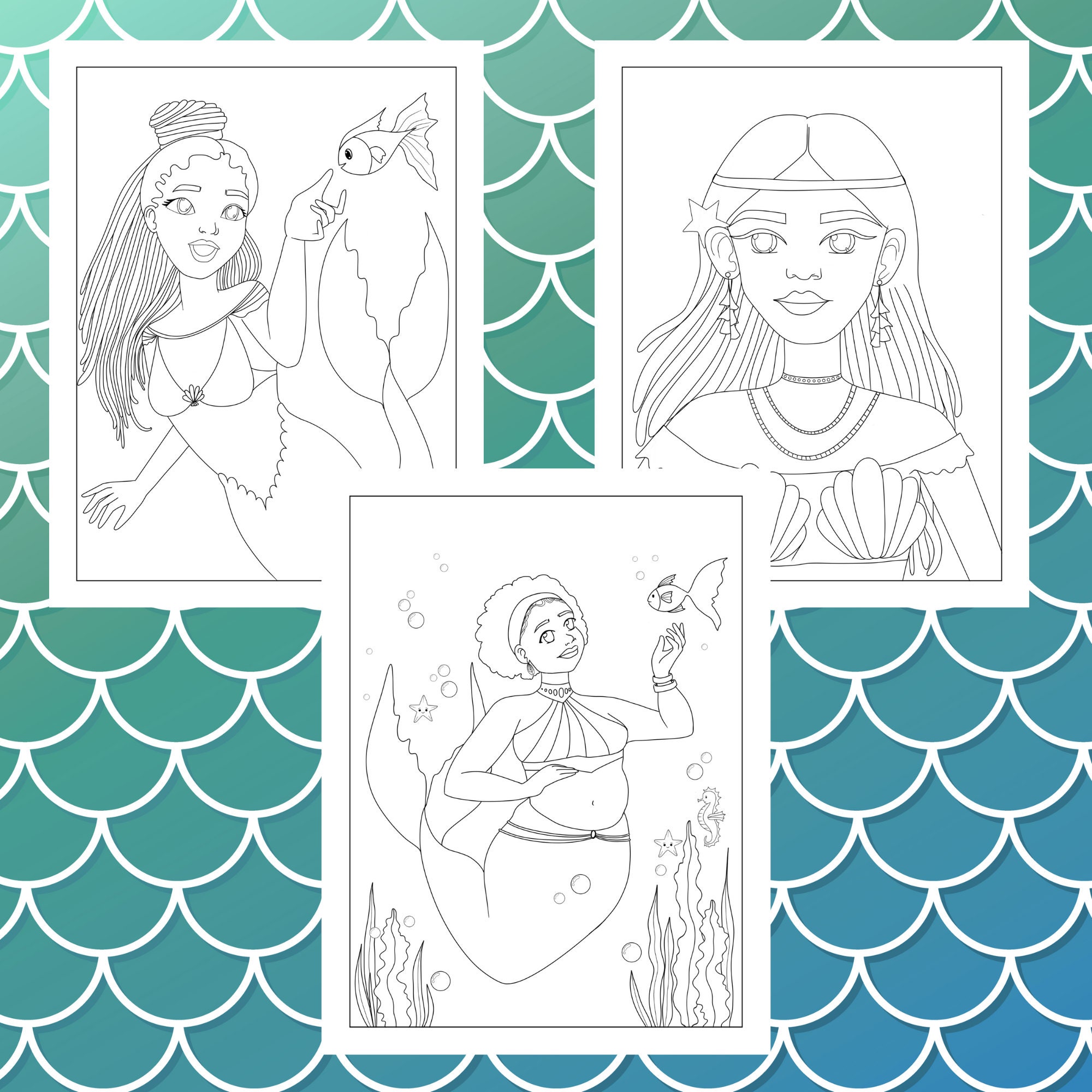 Black Mermaids Coloring Pages Digital Download Coloring Book With ...