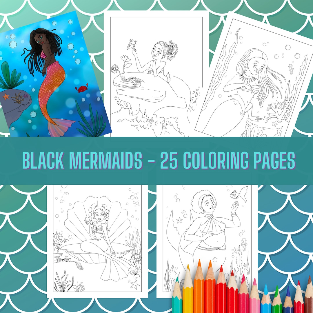Black Mermaids Coloring Pages Digital Download Coloring Book With ...
