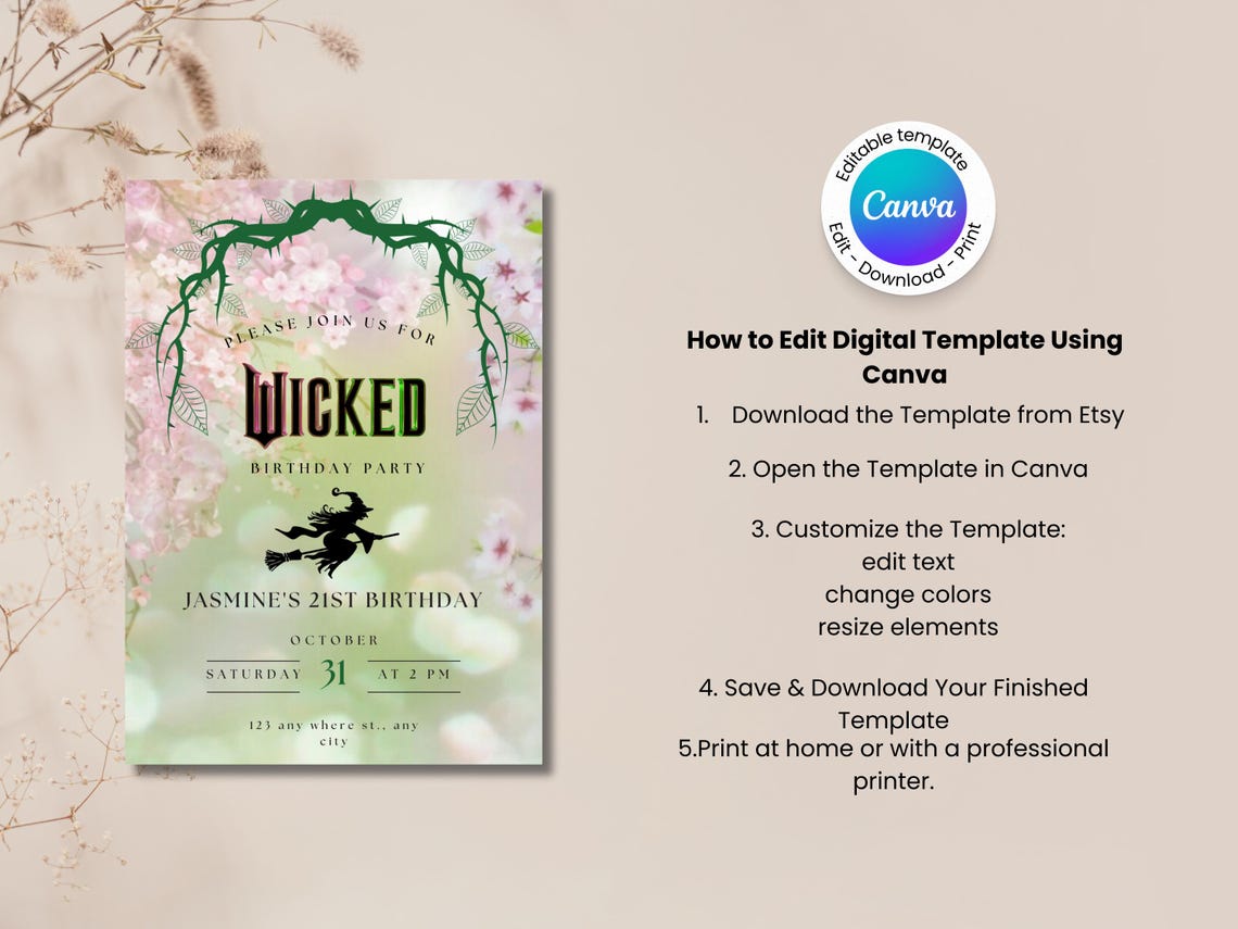 Wicked Movie Birthday Party Invitation, Wicked Editable Birthday Party ...