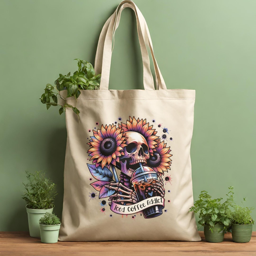 Iced Coffee Addict Tote Bag, Coffee Lover Gift, Skull and Iced Coffee ...