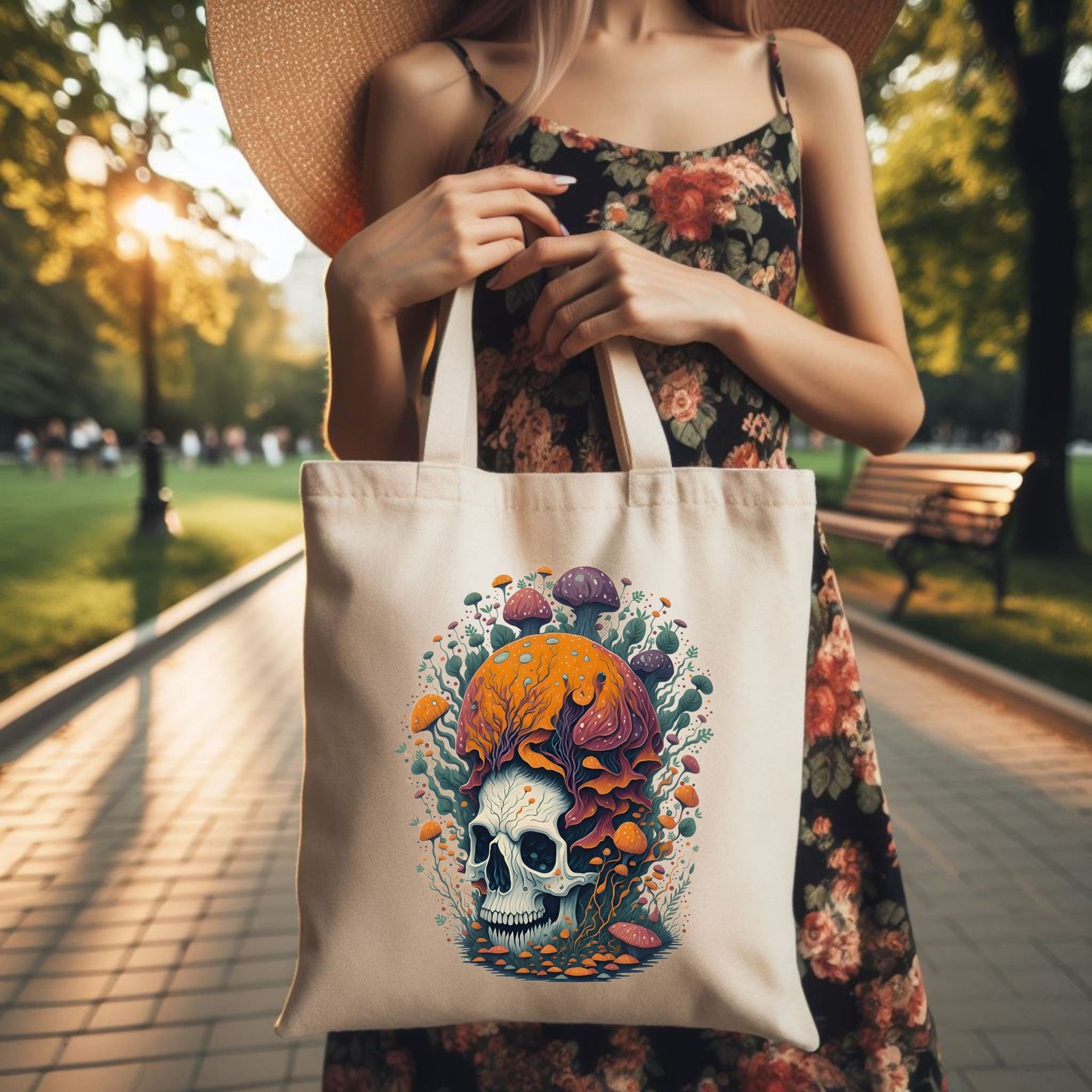 Skull Mushroom Tote Bag, Hippie Skull Tote, Boho Skull Bag, Reusable ...