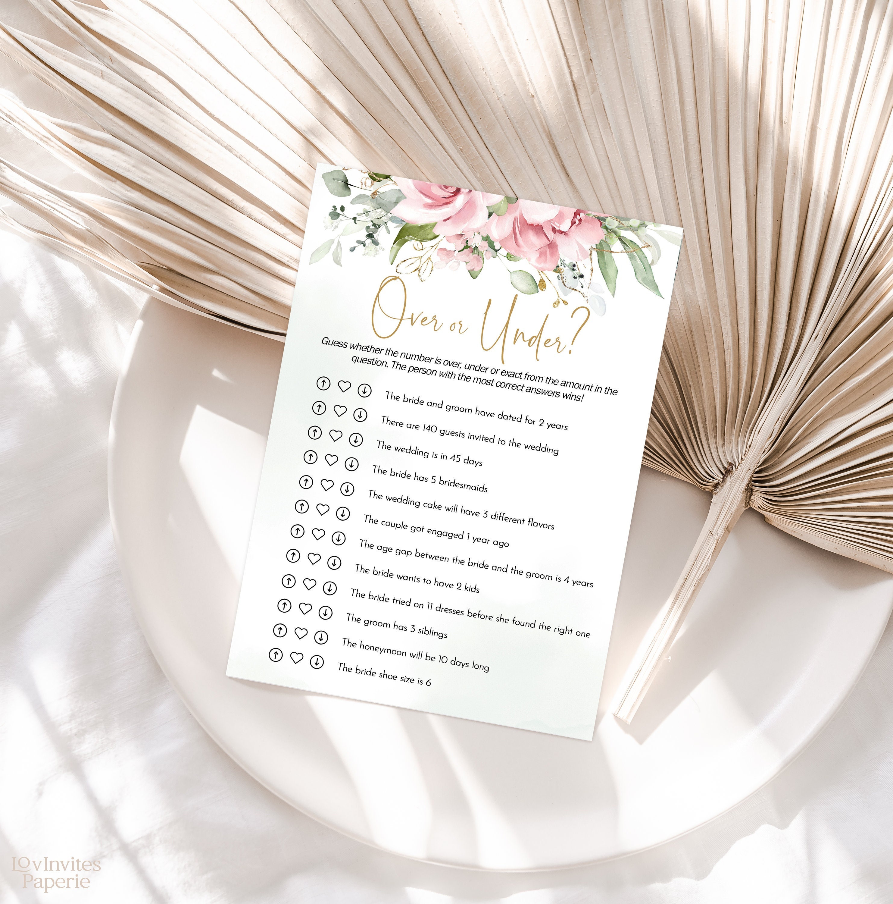 Over or Under Bridal Shower Game, Floral Bridal Shower Game, Blush Pink ...