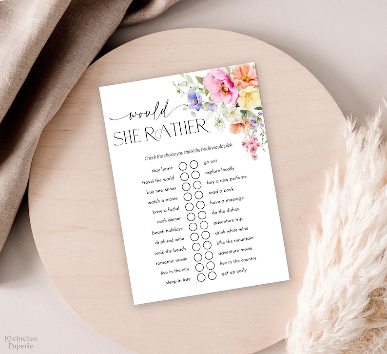 Would the Bride Rather Game, Would She Rather Editable Template, Floral ...