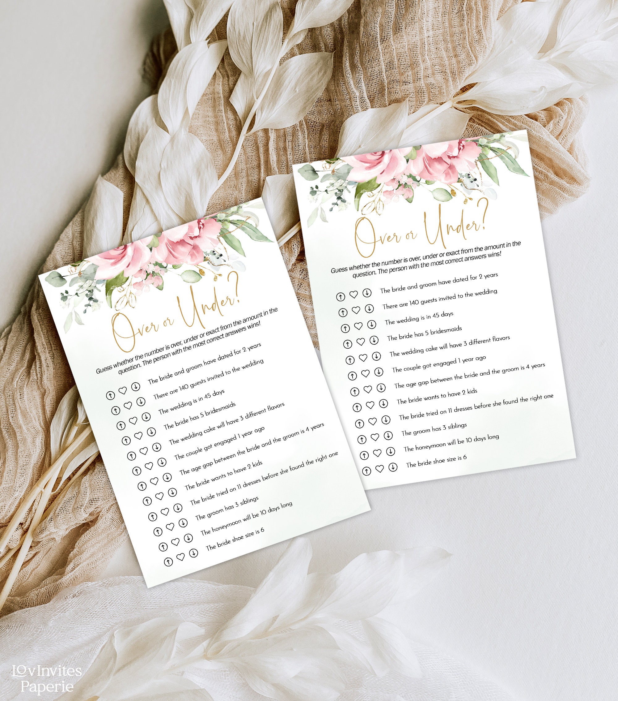 Over or Under Bridal Shower Game, Floral Bridal Shower Game, Blush Pink ...