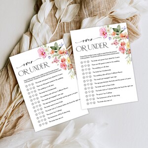 Over or Under Bridal Shower Game, Floral Bridal Shower Game, Wedding ...