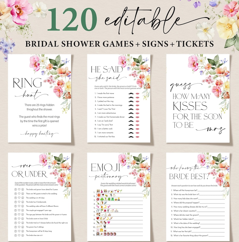Floral Bridal Shower Games, Editable Bachelorette Games, Printable ...