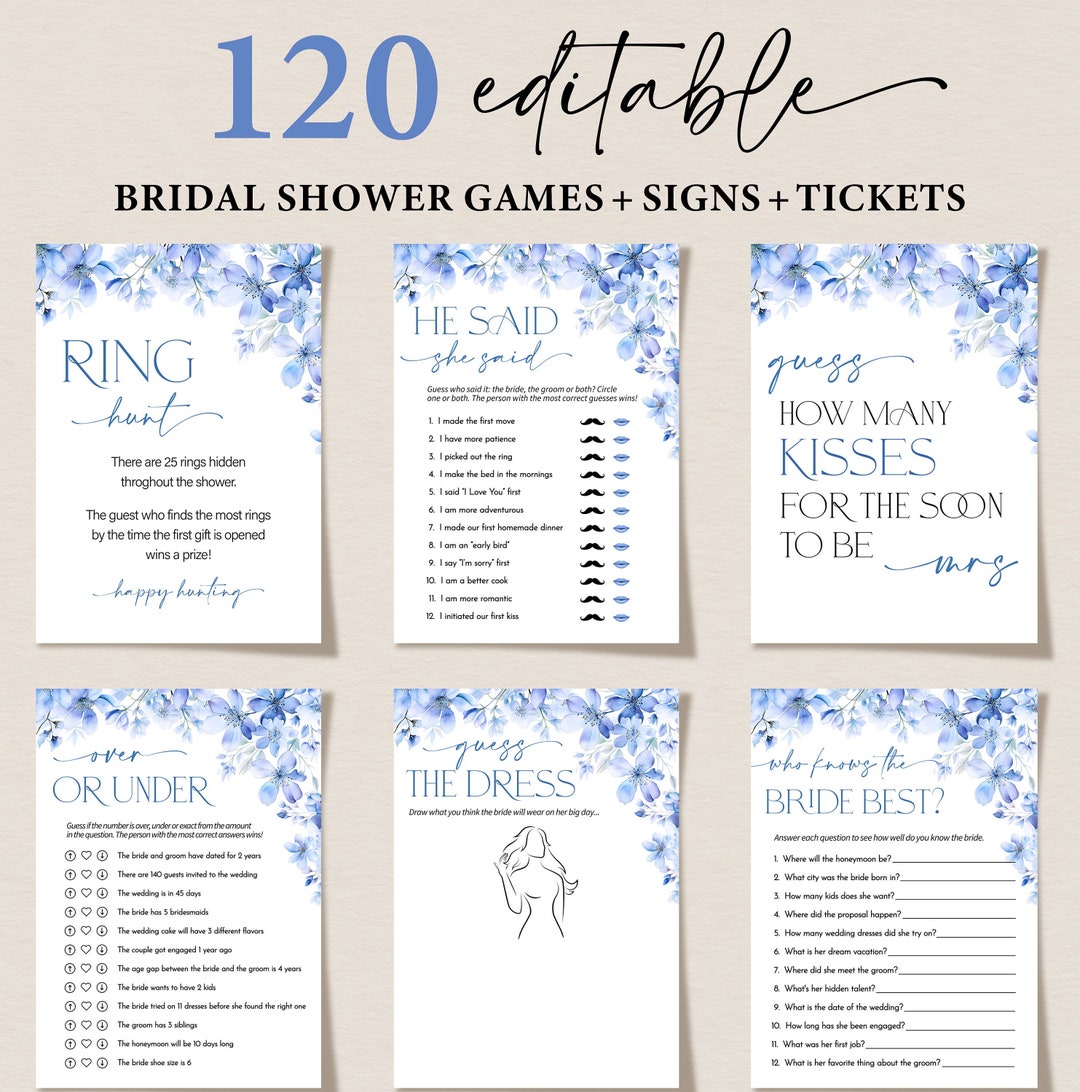 Blue Floral Bridal Shower Games, Editable Bachelorette Games, Printable ...
