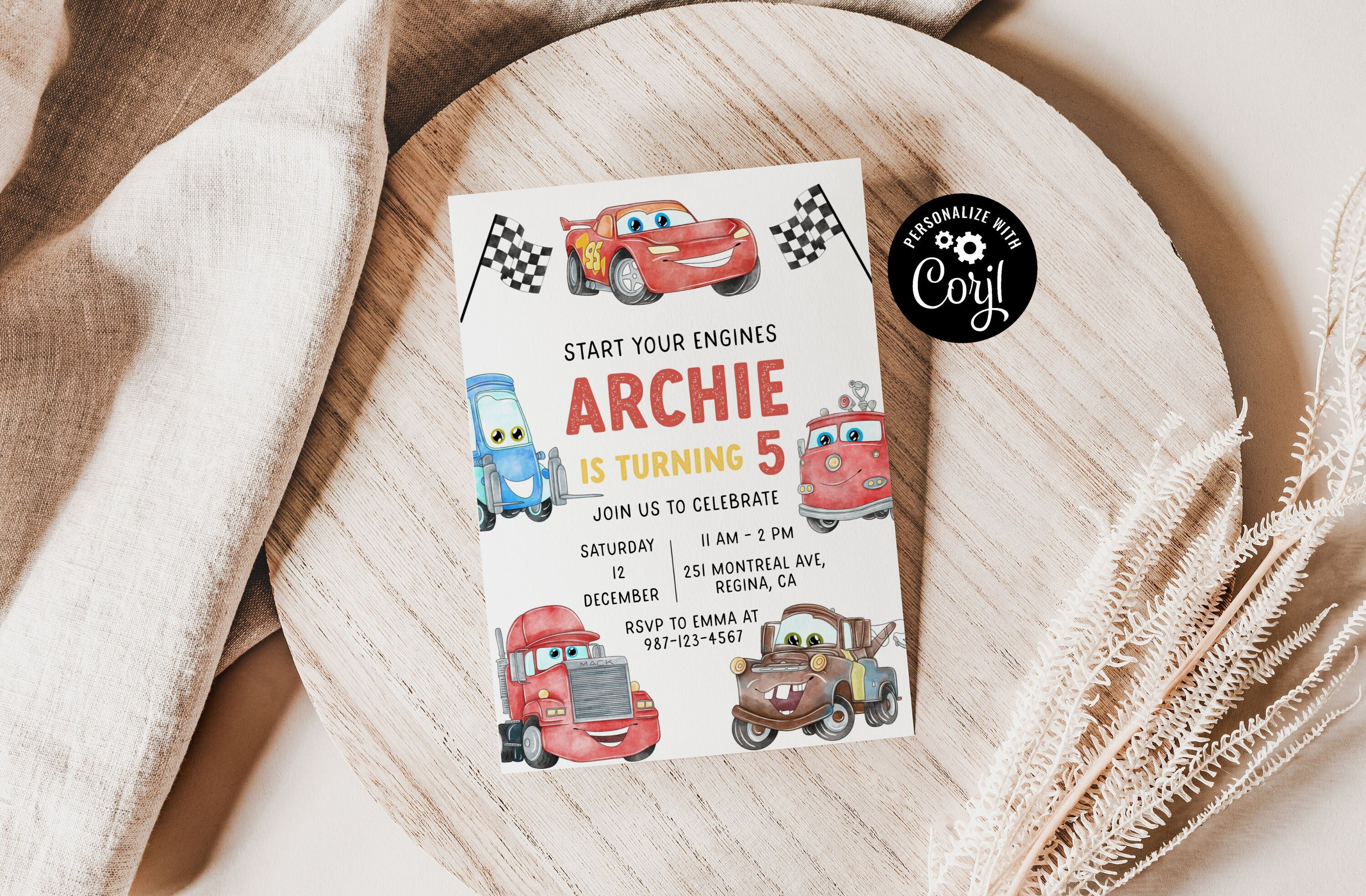 Editable Cars Birthday Party Invitation Cars Lightning Birthday Invite ...