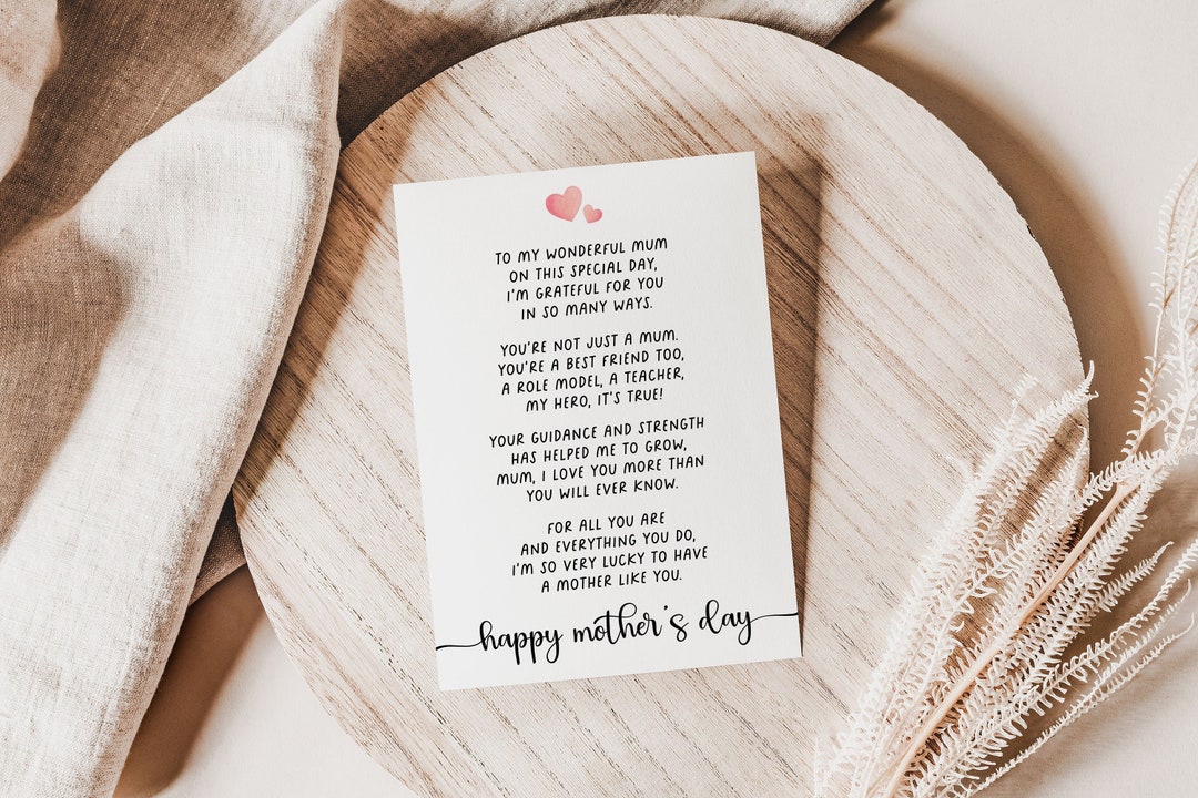 PRINTABLE Poem Mothers Day Card From Daughter Mother's Day Poem Card ...