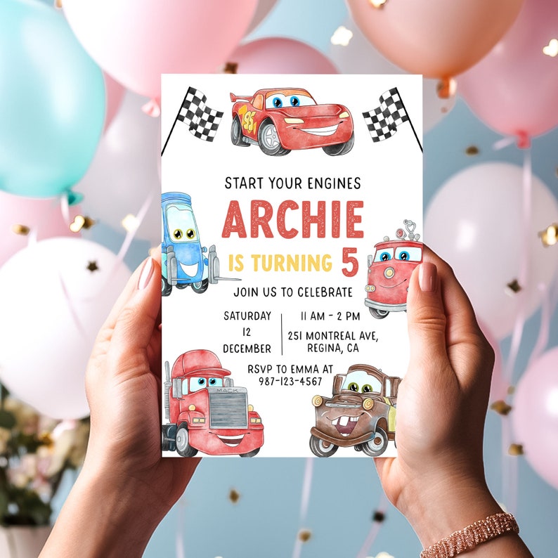 Editable Cars Birthday Party Invitation Cars Lightning Birthday Invite ...