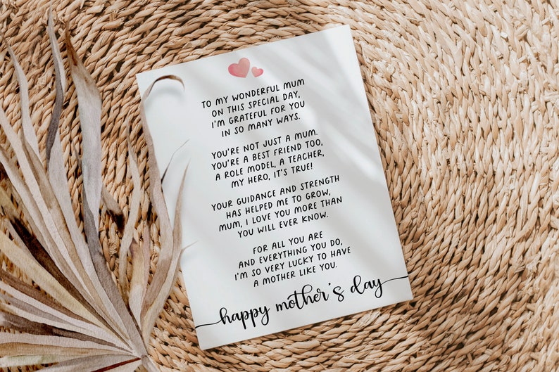 PRINTABLE Poem Mothers Day Card From Daughter Mother's Day Poem Card ...