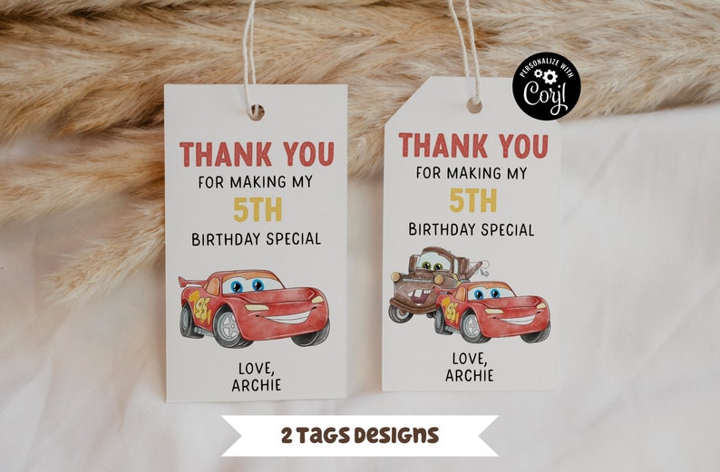 Editable Cars Birthday Party Thank You Tag Cars Lightning Birthday Gift ...