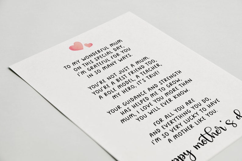 PRINTABLE Poem Mothers Day Card From Daughter Mother's Day Poem Card ...