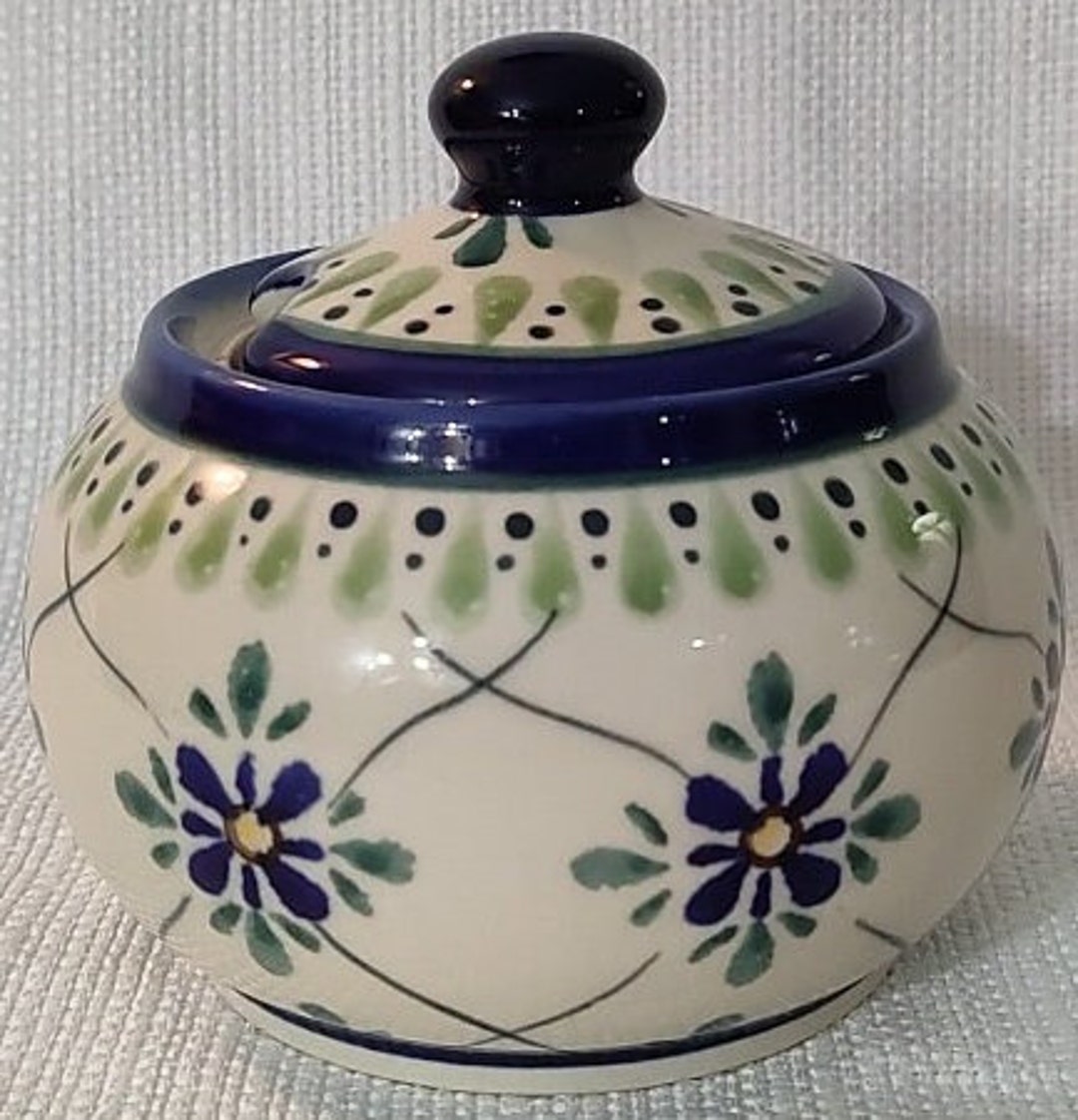 Vintage Polish Pottery Cobalt Blue Floral With Lattice Sugar Bowl and ...