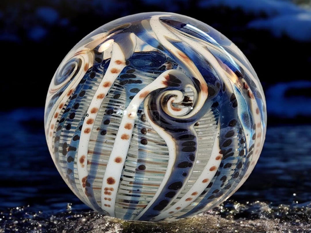 Richard Satava Paperweight 4” Blue and White Swirl Art Glass ...