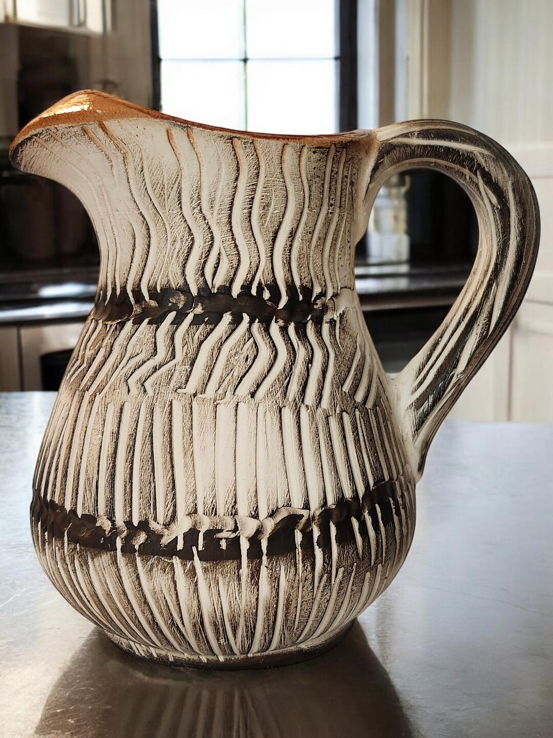 RARE OOAK Venezuelan Pitcher Art Pottery Burnt Wood Incised Pattern 8t ...