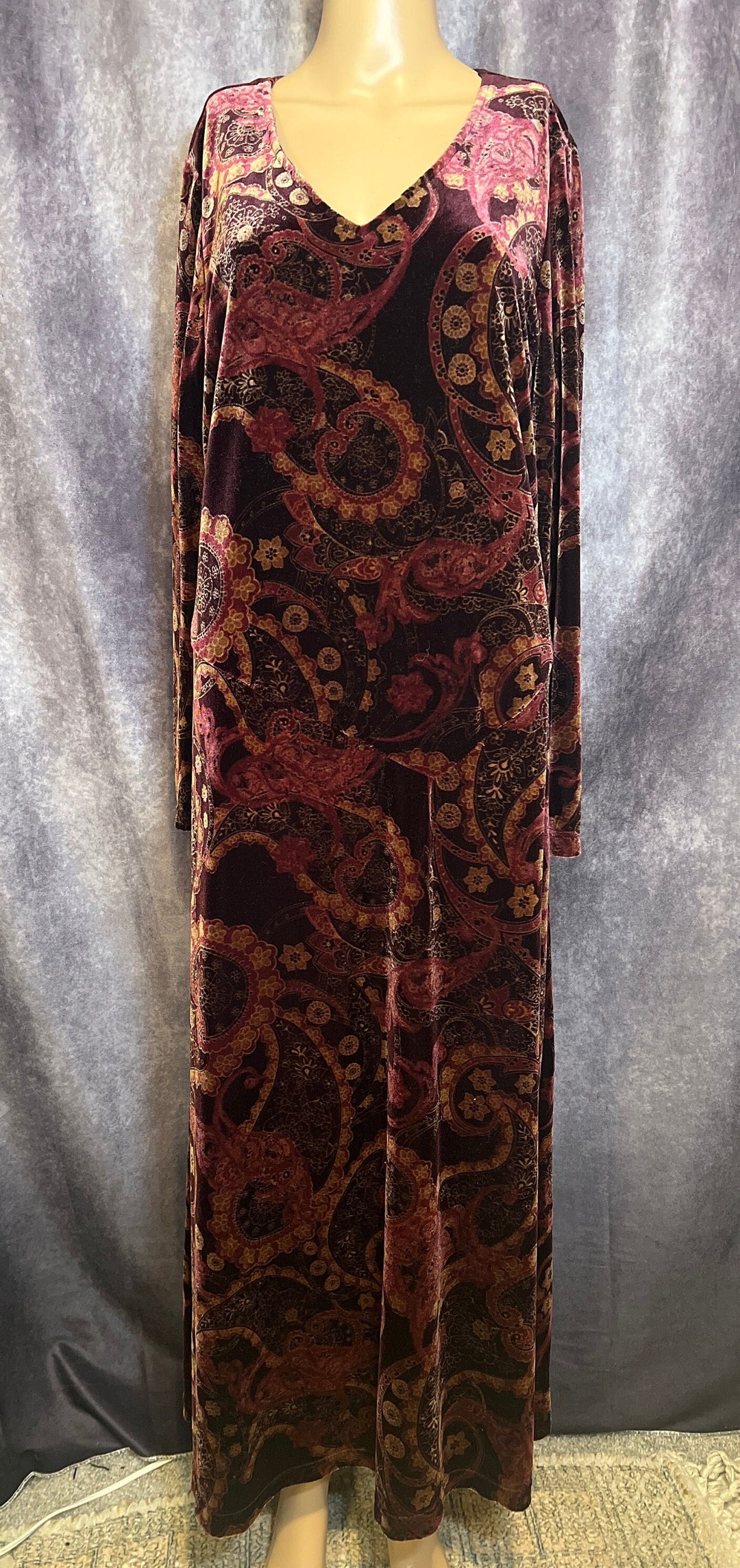 Vintage Velvet Paisley Maxi Dress: 1990s Gothic Art Deco Style, Size 12 ...
