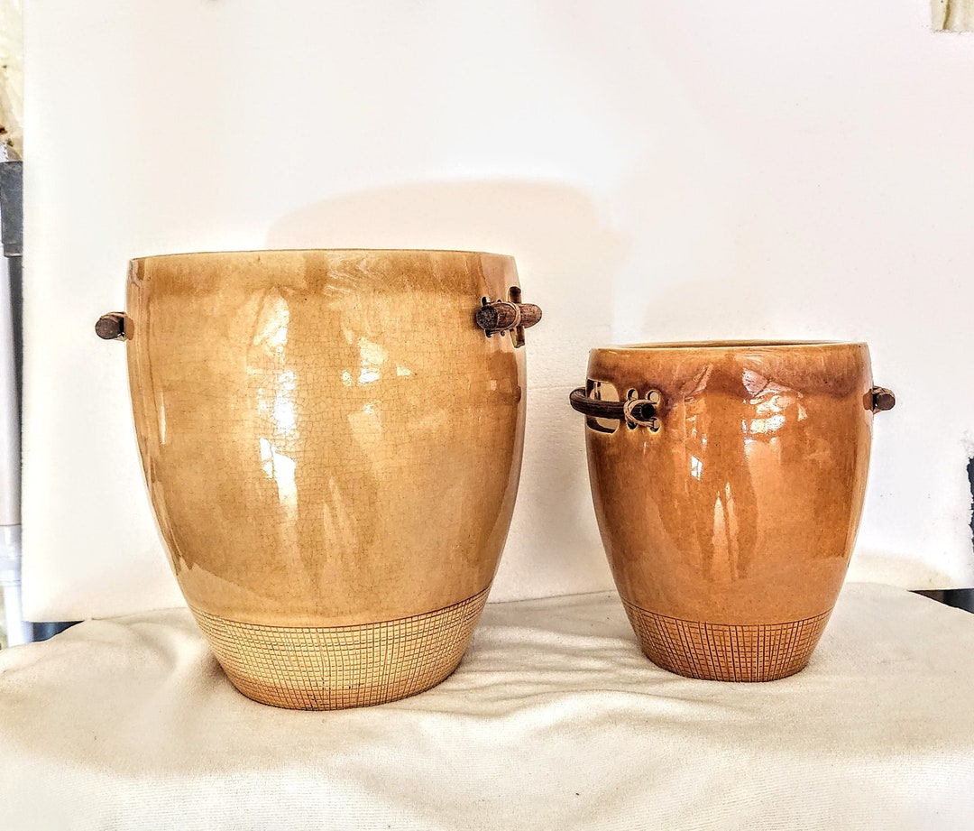 Set of Two Norcal Wooden Handle Planters Pottery Storage Pots - Etsy
