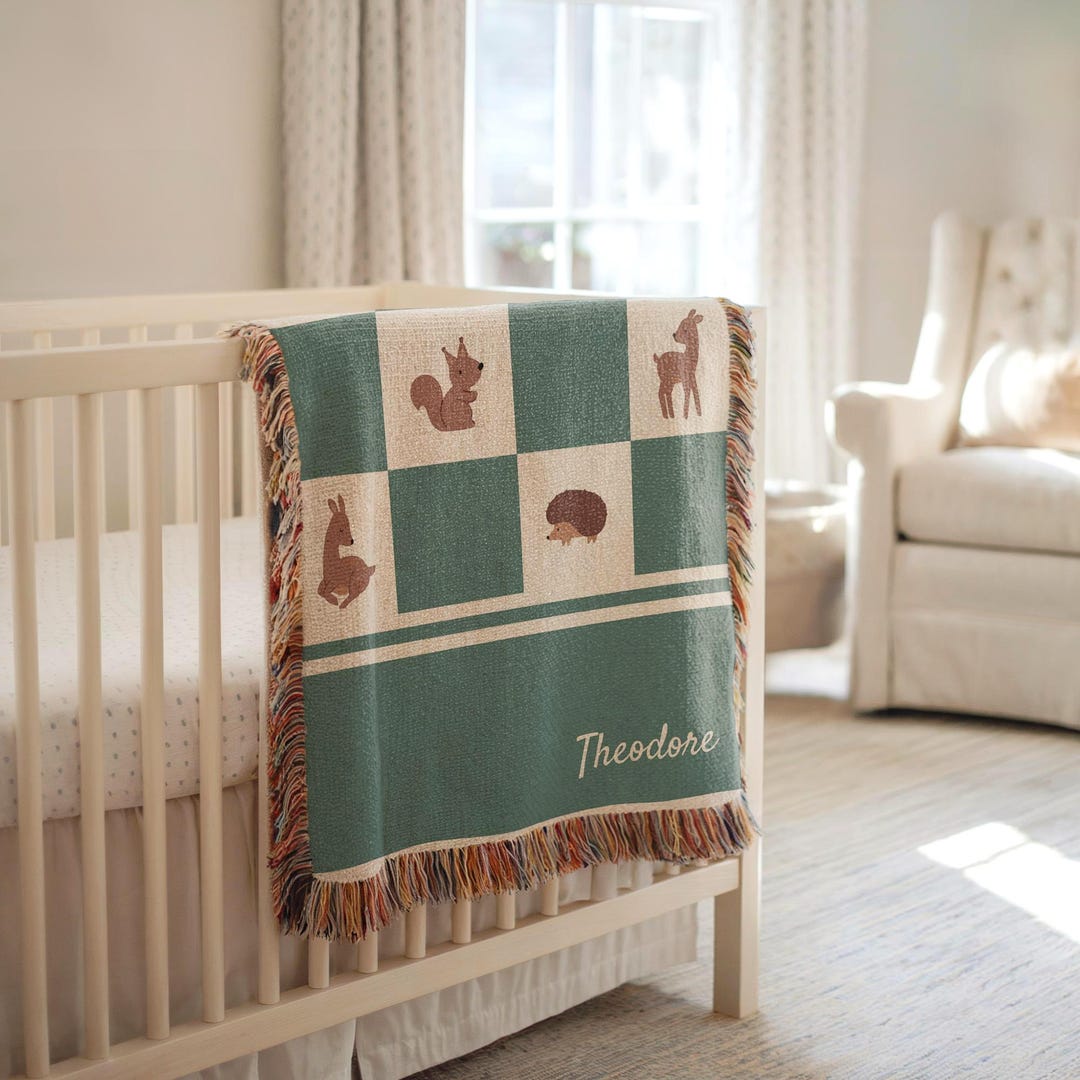 Personalized Checkered Woodland Animals Woven Baby Blanket, Custom Name ...