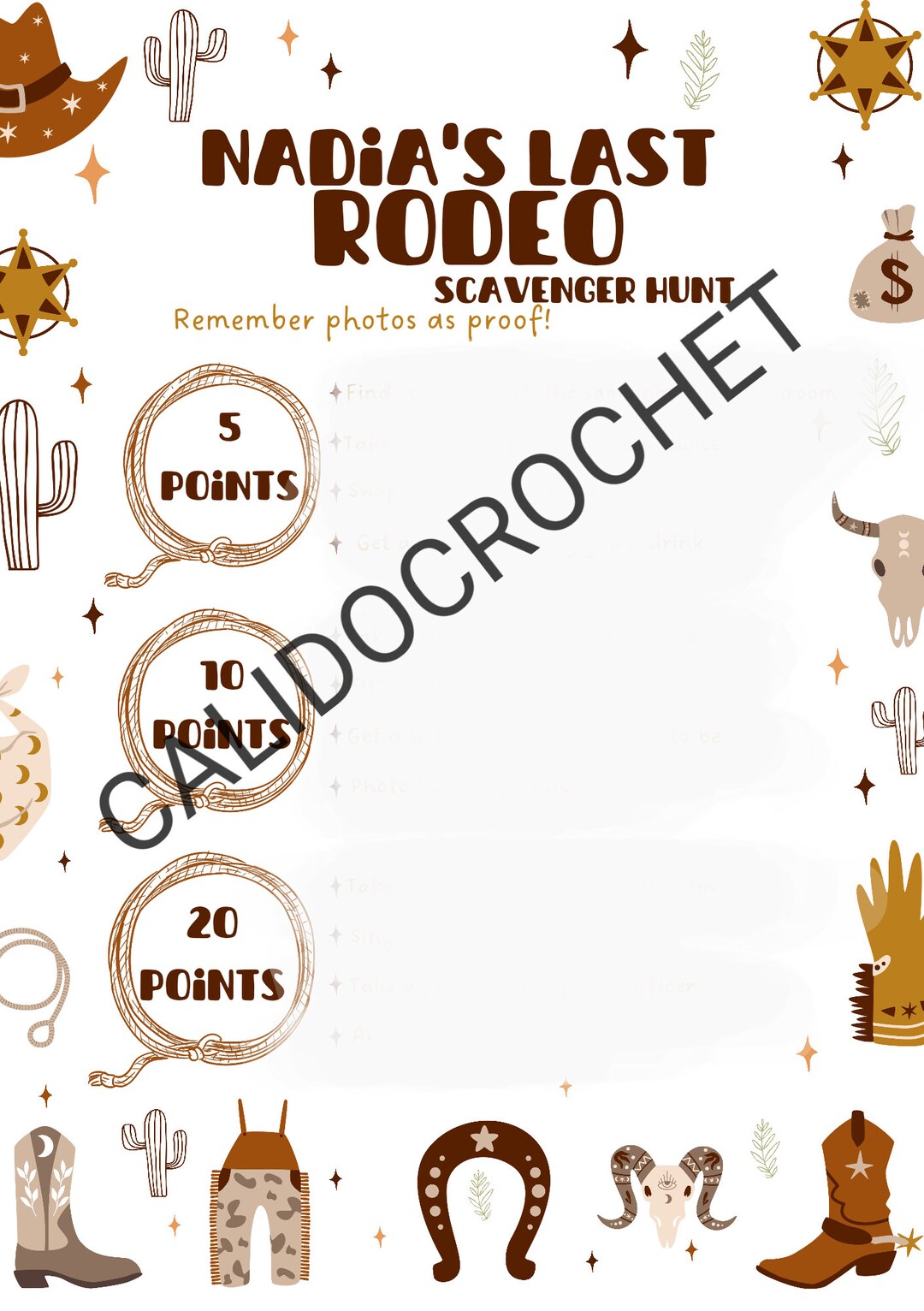 Personalised Hen Party Game Scavenger Hunt Henny Cowboy Theme Western ...