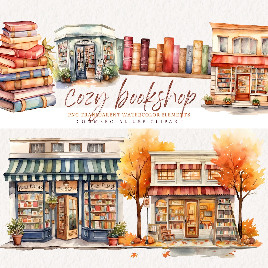 13 Cozy Bookstore Watercolor Clipart, Autumn Clipart, Bookshelf ...