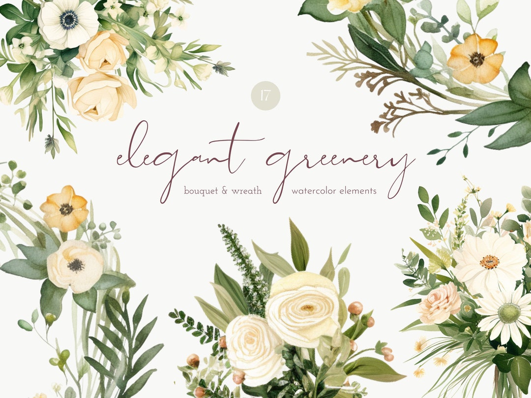 17 Green Flower Bundles Watercolor Clipart Wedding Flowers - Etsy