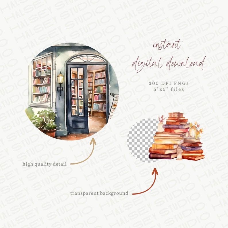 13 Cozy Bookstore Watercolor Clipart, Autumn Clipart, Bookshelf ...