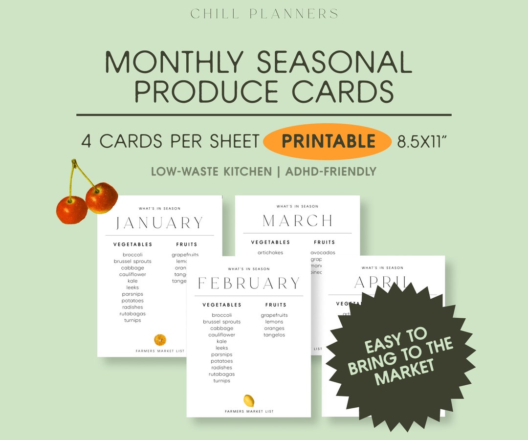 Monthly Seasonal Produce Cards for Low-waste Kitchen Printable Template ...