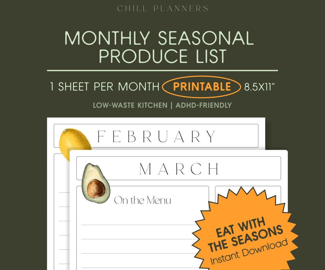 Monthly Seasonal Produce List for Low-waste Kitchen Printable Template ...