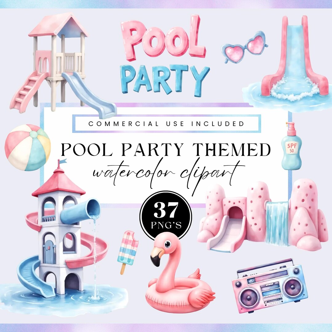 Pool Party Clipart Groovy, Waterpark Watercolour Clip Art, Watercolor ...