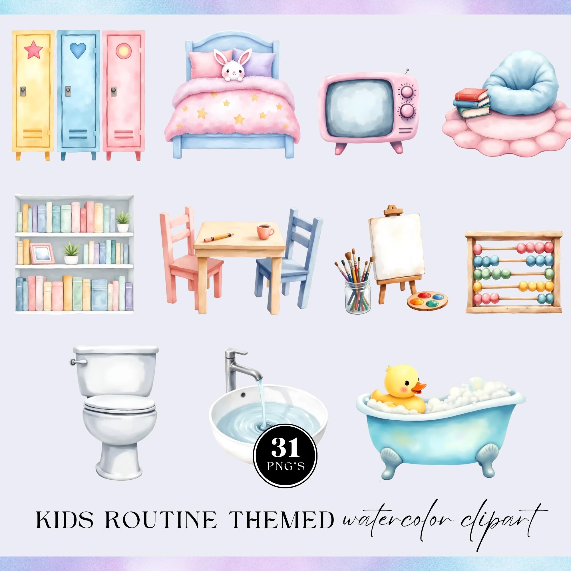 Kids Daily Routine Watercolor Clipart, Visual Schedule Art for Toddlers ...