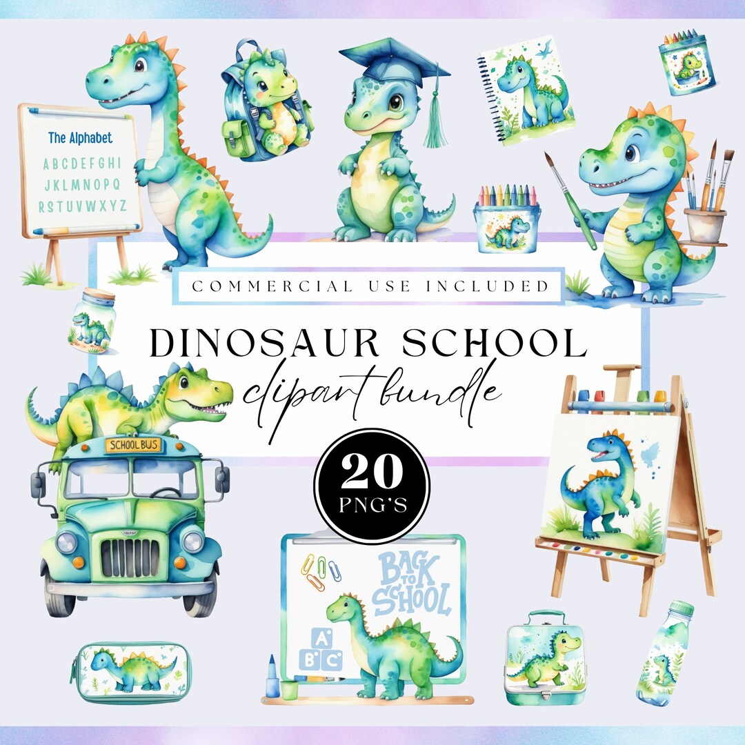 Cute Dinosaur Themed Watercolor Clipart, School Supply Pastel Bundle ...