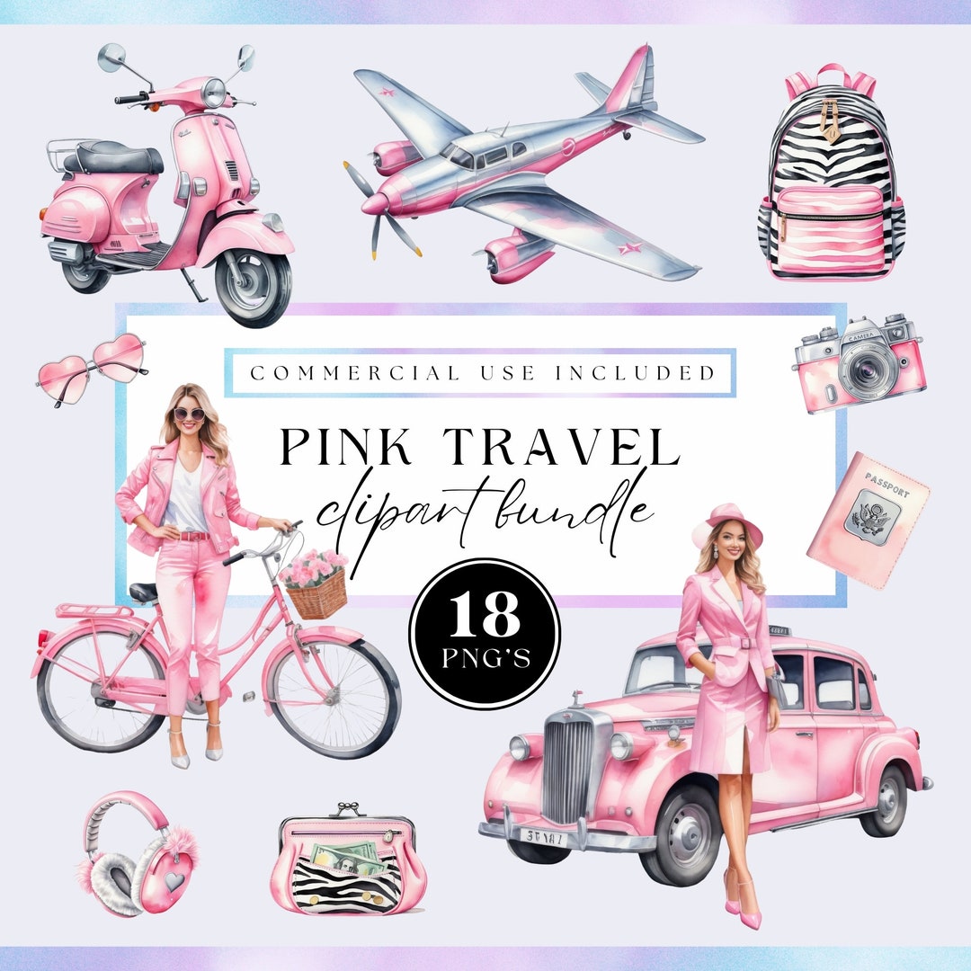 Travel Watercolor Clipart Pink Girly, Pink Vacation Clip Art, Girl With ...