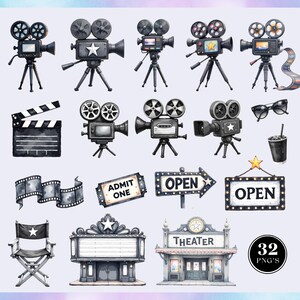 Movie Clipart, Watercolor Cinema Pngs, Popcorn Film Reel Ticket Clip ...