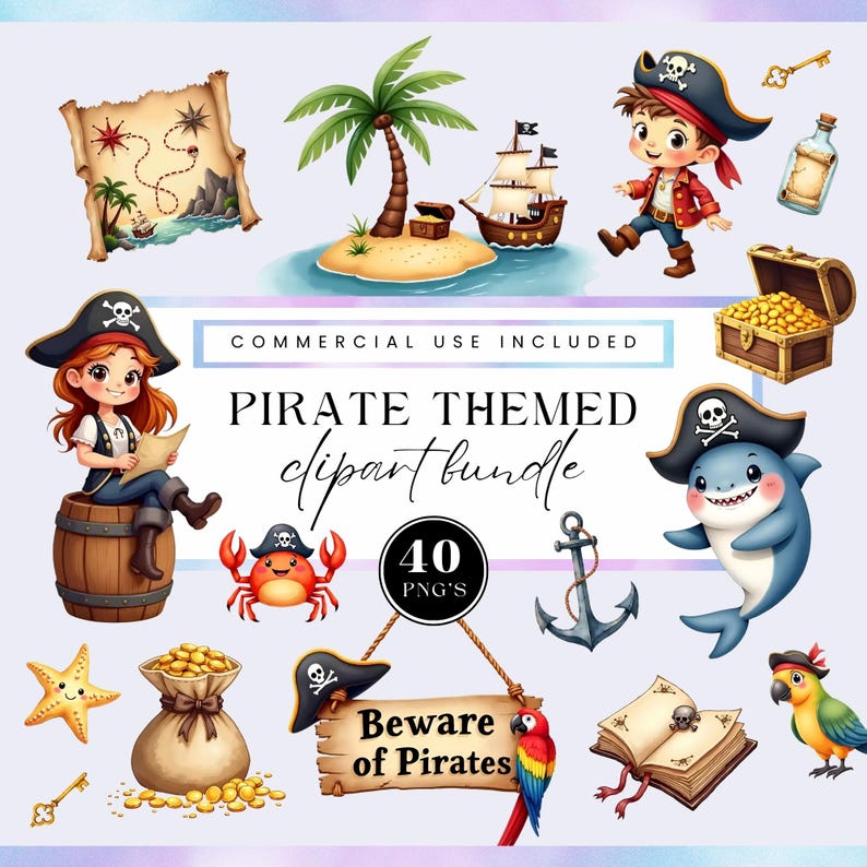 Pirate Themed Party Clipart Pack, Treasure Map Adventure Graphics ...