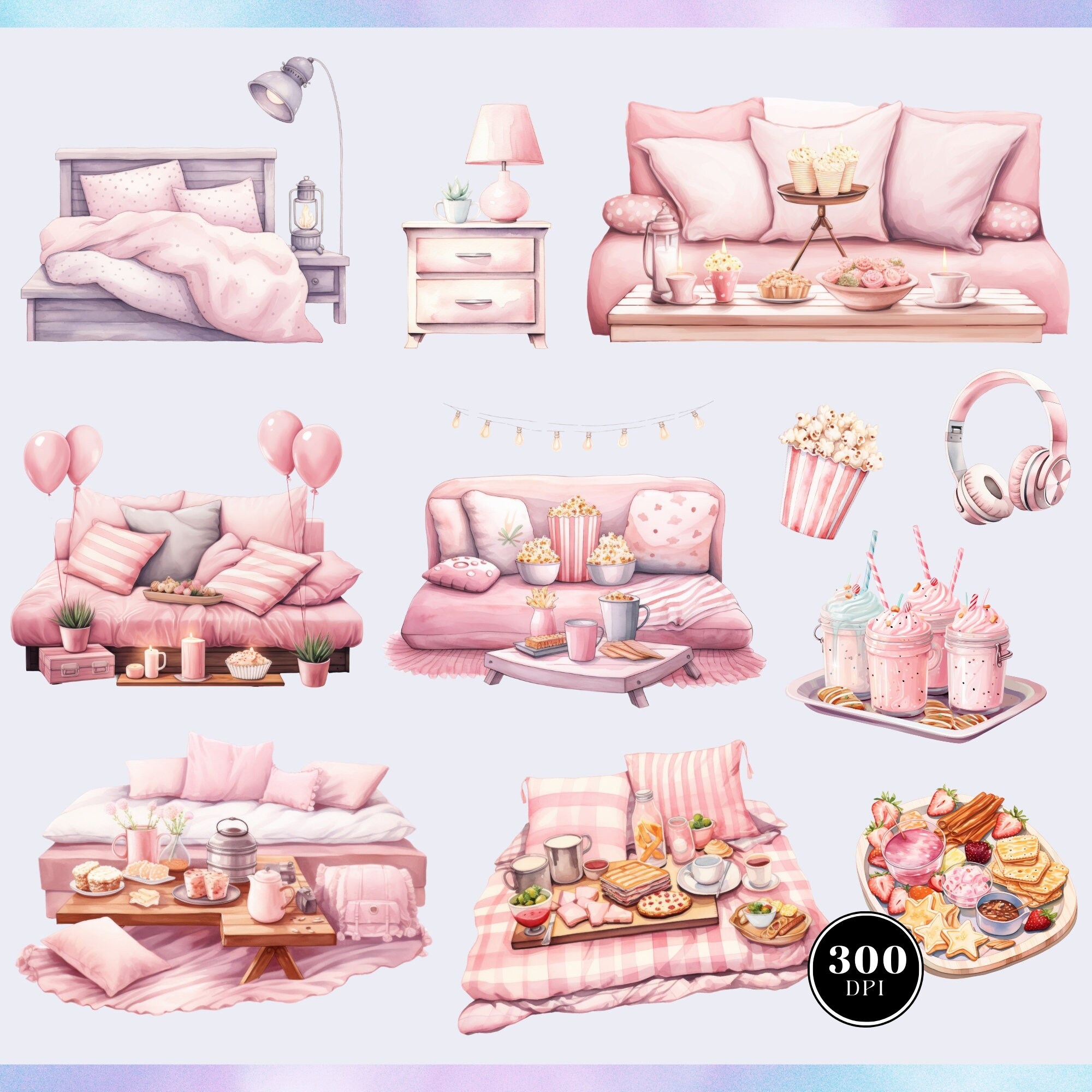 Slumber Party Clipart, Watercolor Girl Sleepover Pack, Commercial Use ...