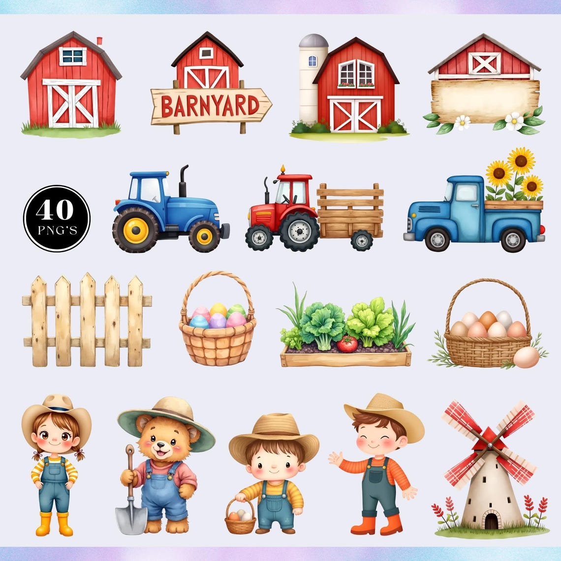 Farm Animals Watercolor Art, Cute Farm Theme Clipart for Kids, Barnyard ...