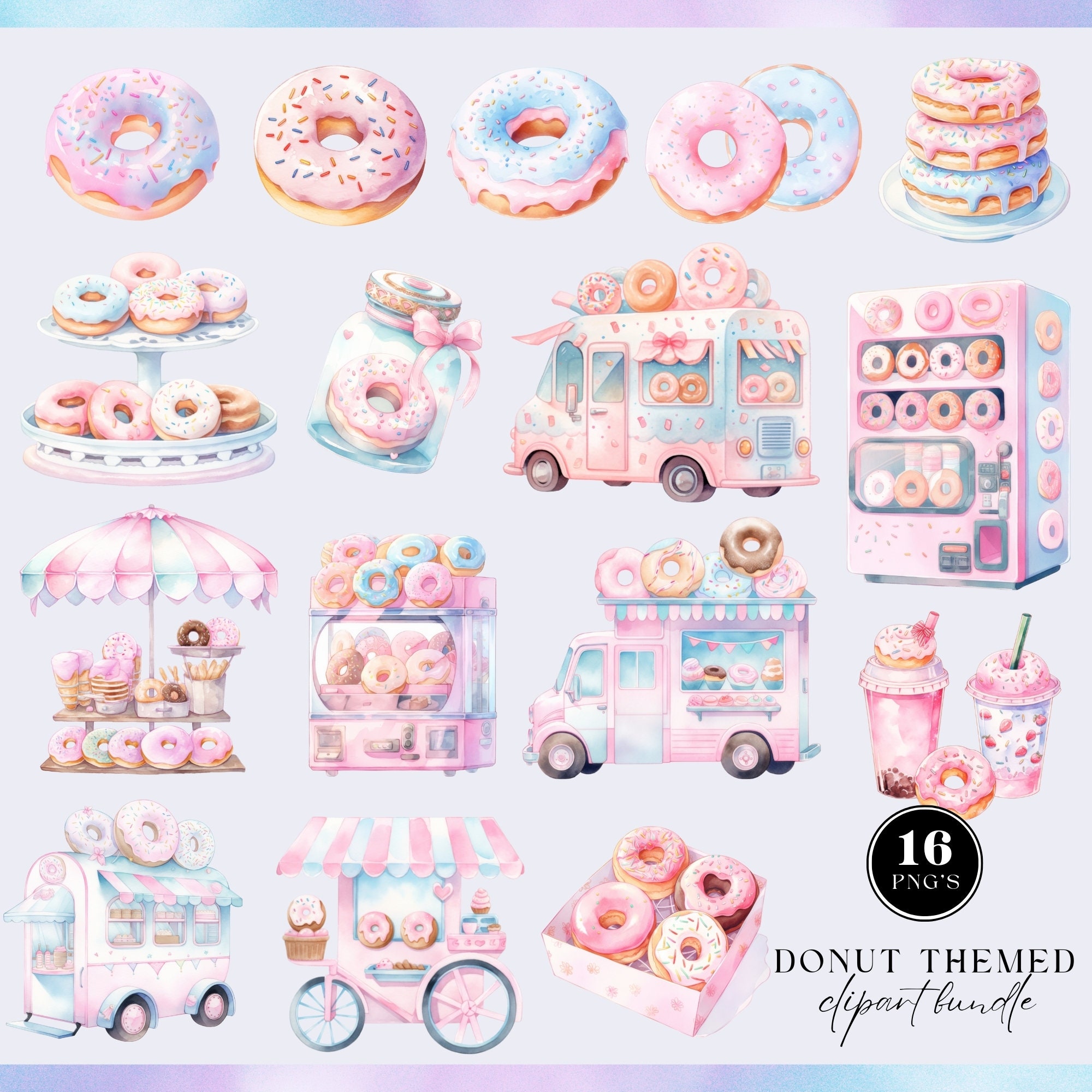 Donut Themed Clipart Bundle, Watercolor Sweet Treats Clip Art, Pink ...