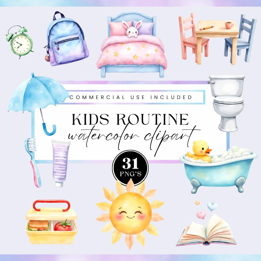 Kids Daily Routine Watercolor Clipart, Visual Schedule Art for Toddlers ...