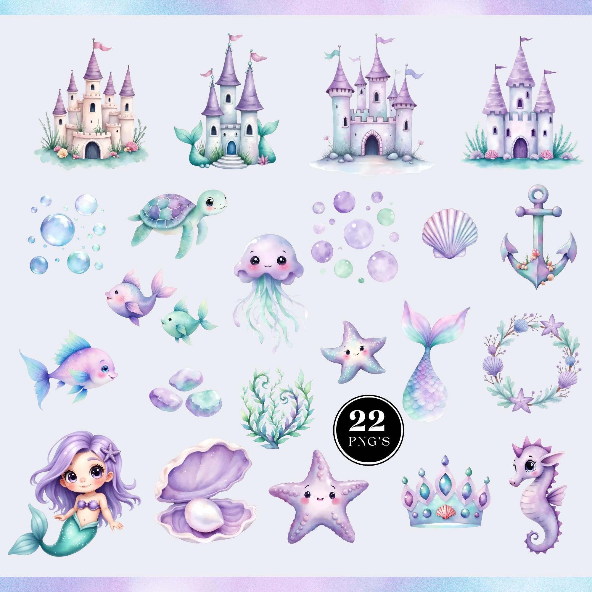 Mermaid Themed Clipart Bundle, Watercolor Ocean Clip Art, Under the Sea ...