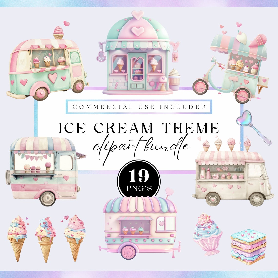 Ice Cream Cart Clipart Bundle, Pastel Fair Food Sweet Treats, Ice Cream ...