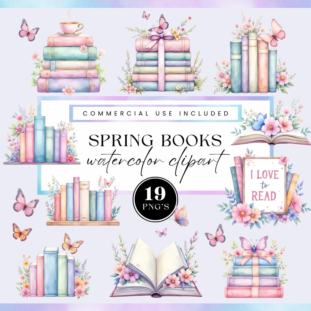 Spring Book Stack Clipart, Reading Corner Bundle, Floral Pastel Pngs ...