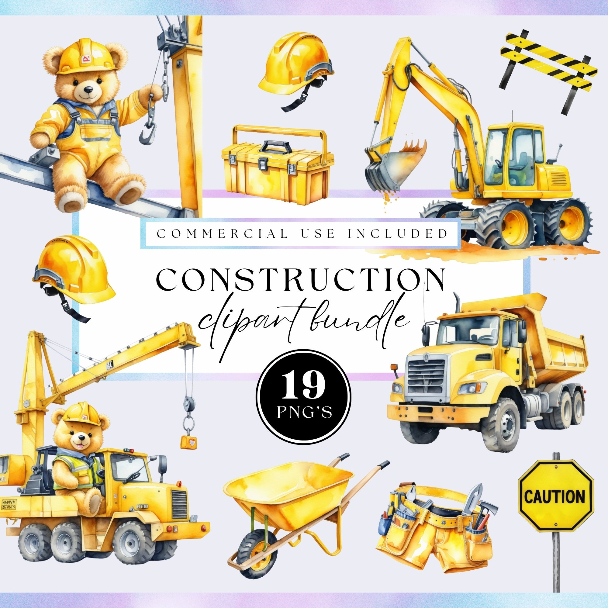 Construction Party Crew Clipart, Watercolor Vehicles and Teddy Bears ...