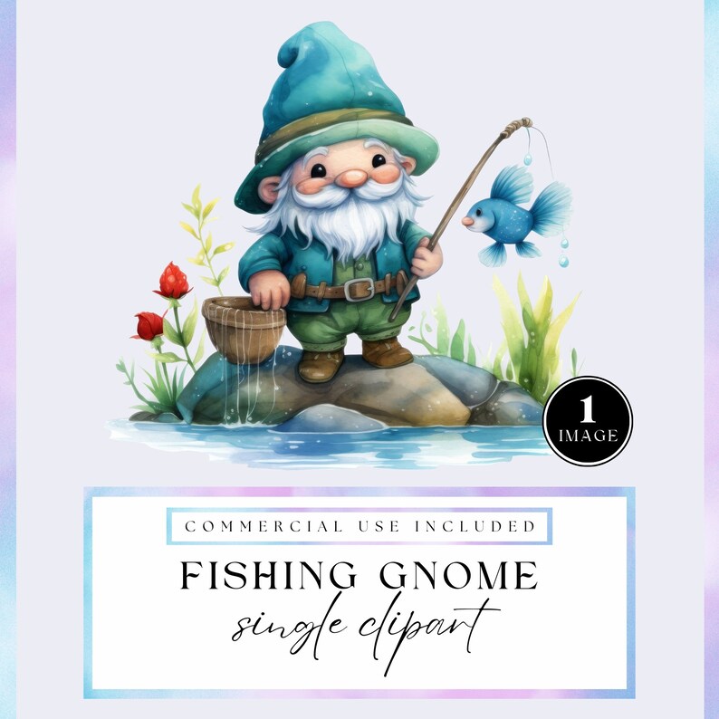Watercolor Fishing Gnome Clipart, One Single Image, Cute Garden Gnome ...