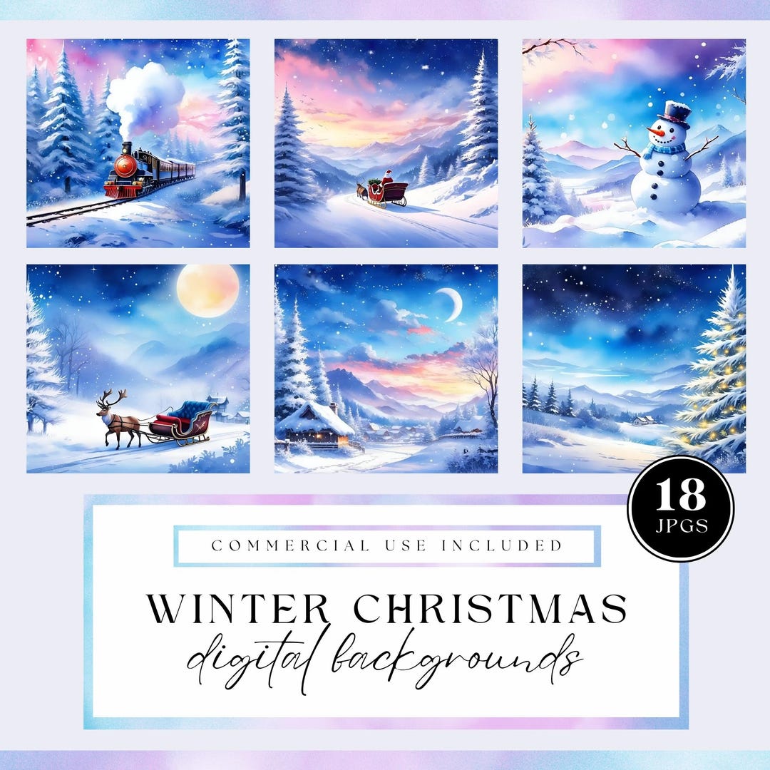 Winter Christmas Digital Background Pack, Watercolour Xmas Digital ...